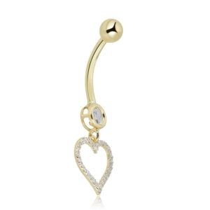 AVORA 10K Yellow Gold Simulated Diamond CZ Open Heart Dangling Belly Button Ring Body Jewelry (14 Gauge)