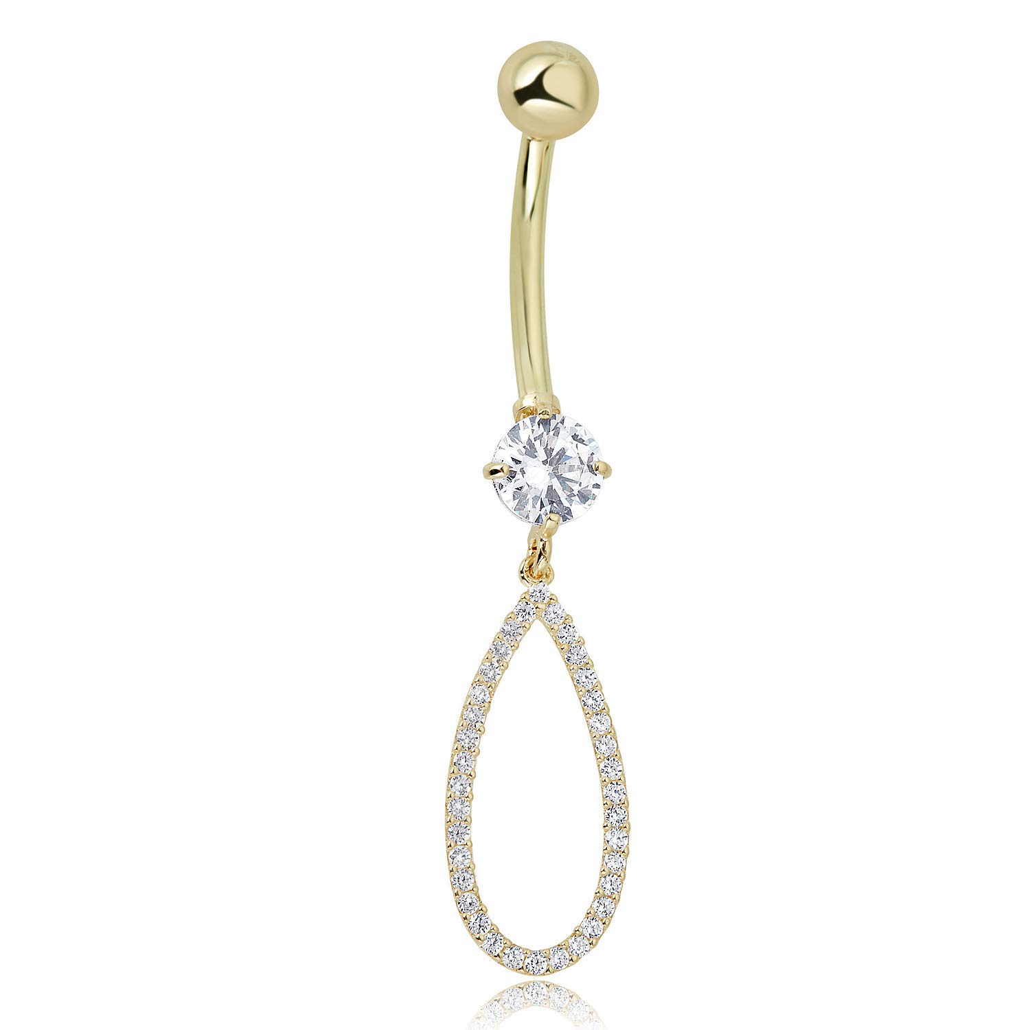 AVORA 10K Yellow Gold Simulated Diamond CZ Open Teardrop Dangling Belly Button Ring Body Jewelry (14 Gauge)