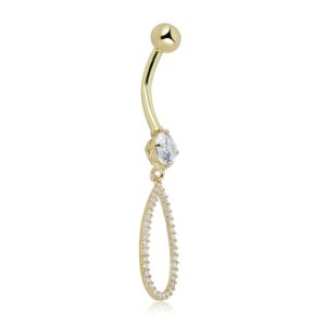 AVORA 10K Yellow Gold Simulated Diamond CZ Open Teardrop Dangling Belly Button Ring Body Jewelry (14 Gauge)