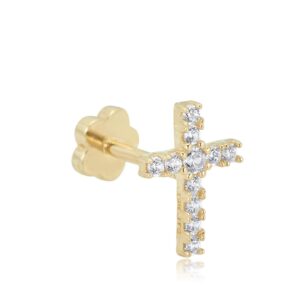 avora 14k yellow gold simulated diamond cz cross cartilage piercing flat back earring body jewelry (18 gauge)