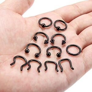 Dyknasz 11Pcs 14G Surgical Steel Septum Clicker Ring Seamless Lip Daith Cartilage Helix Tragus Hoop Ring for Women Men 10MM Black