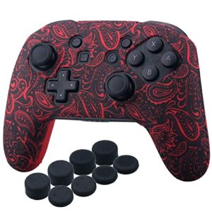 yorha studded silicone transfer print cover skin case only for nitendo official switch pro controller x 1(leaves red) with pro thumb grips x 8