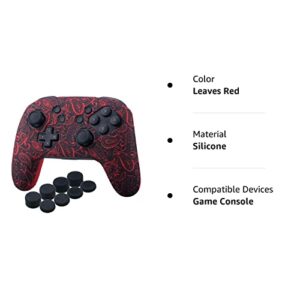 YoRHa Studded Silicone Transfer Print Cover Skin Case ONLY for Nitendo Official Switch Pro Controller x 1(Leaves Red) with Pro Thumb Grips x 8