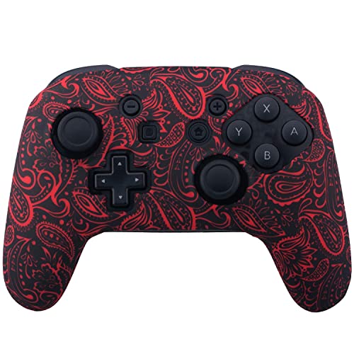 YoRHa Studded Silicone Transfer Print Cover Skin Case ONLY for Nitendo Official Switch Pro Controller x 1(Leaves Red) with Pro Thumb Grips x 8