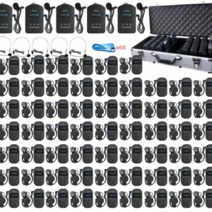 EXMAX EXD-101 2.4GHz Audio Guide Equipment Translation Church System for Factory Tour Guide Training Teaching Conference Tourism Museums Galleries(5 Transmitters 60 Receivers & 64-slot Charging Case)