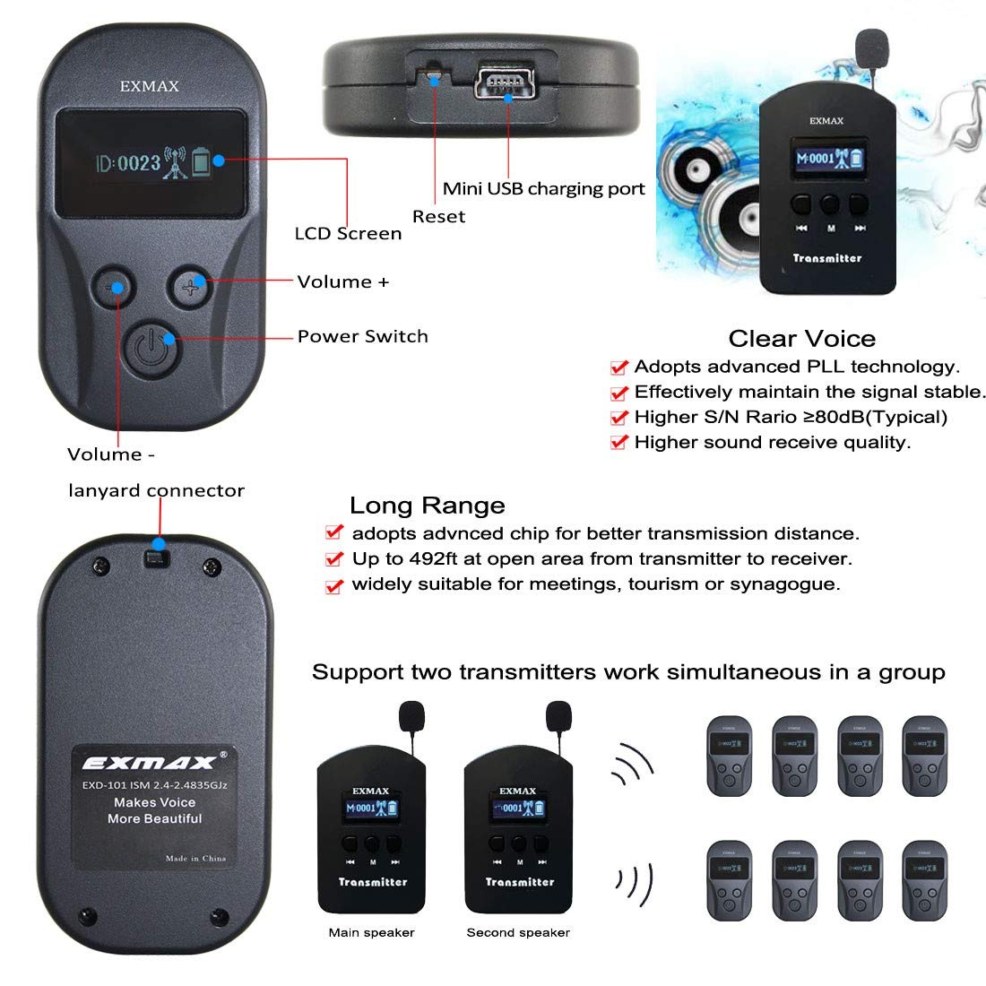 EXMAX EXD-101 2.4GHz Audio Guide Equipment Translation Church System for Factory Tour Guide Training Teaching Conference Tourism Museums Galleries(5 Transmitters 60 Receivers & 64-slot Charging Case)