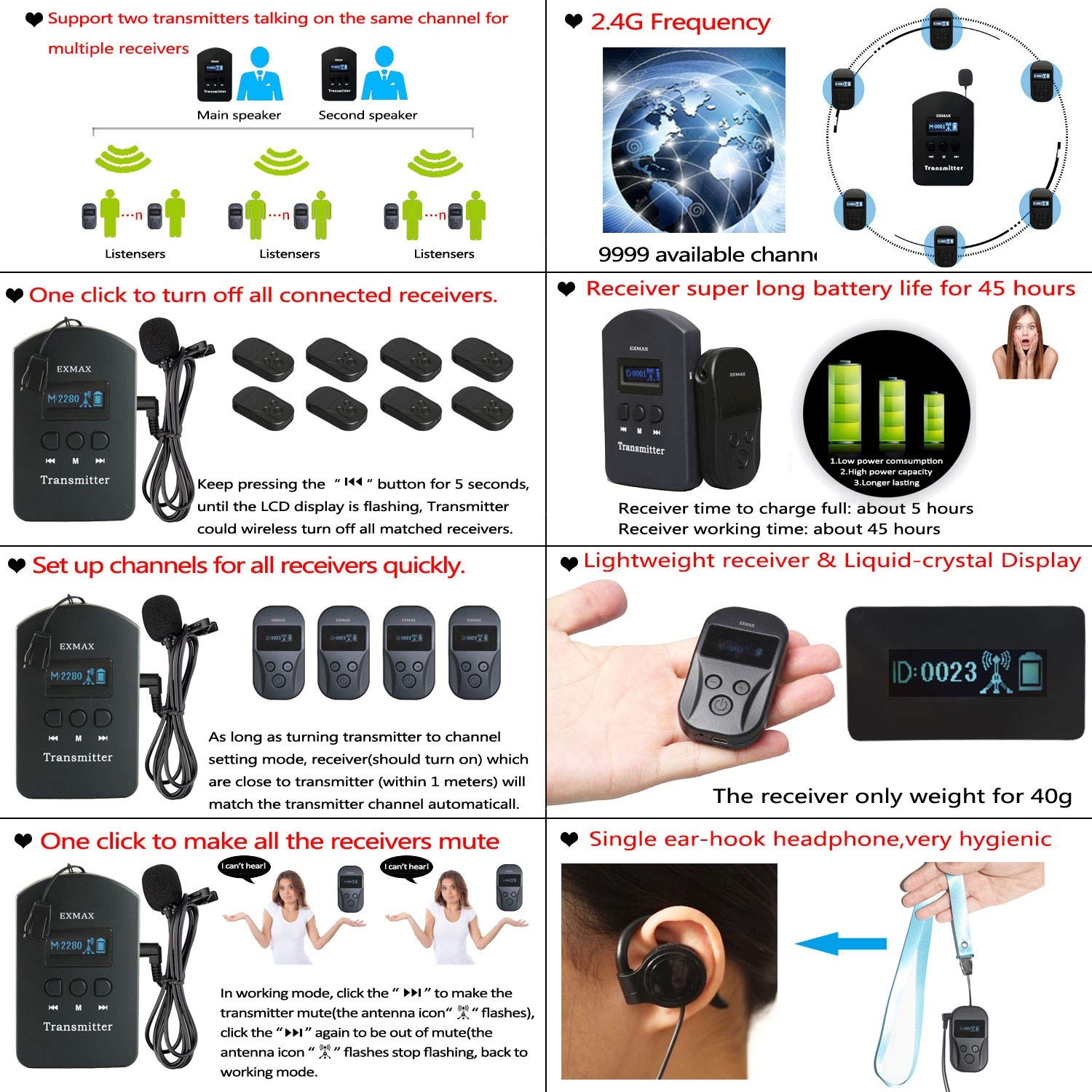 EXMAX EXD-101 2.4GHz Audio Guide Equipment Translation Church System for Factory Tour Guide Training Teaching Conference Tourism Museums Galleries(5 Transmitters 60 Receivers & 64-slot Charging Case)