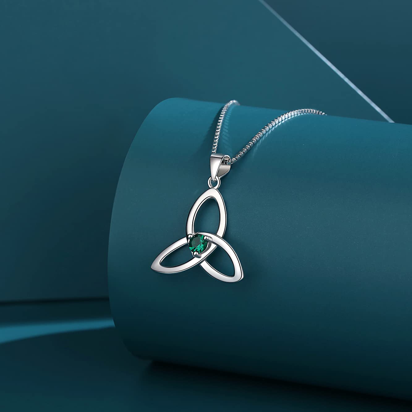 JIANGXIN Irish Celtic Triquetra Knot 925 Sterling Silver Created Emerald May Birthstone Pendant Necklace for Women Fine Jewelry Birthday Gift