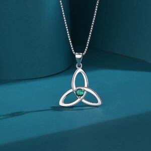 JIANGXIN Irish Celtic Triquetra Knot 925 Sterling Silver Created Emerald May Birthstone Pendant Necklace for Women Fine Jewelry Birthday Gift