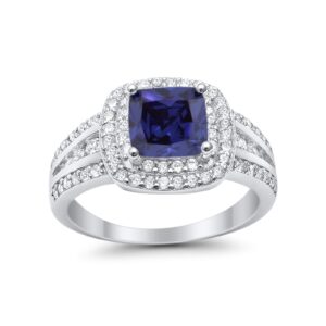 Halo Art Deco Wedding Engagement Ring Princess Cut Round Simulated Blue Sapphire Cubic Zirconia 925 Sterling Silver Size-10