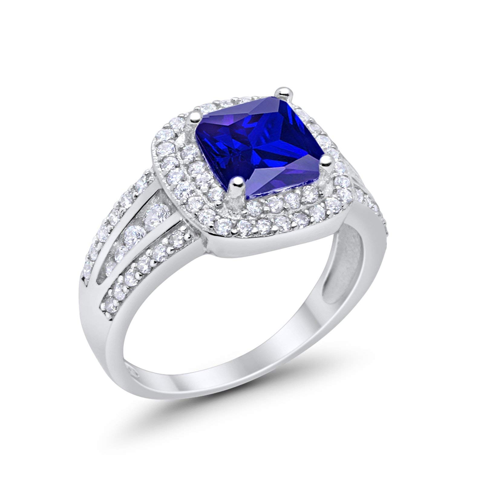 Halo Art Deco Wedding Engagement Ring Princess Cut Round Simulated Blue Sapphire Cubic Zirconia 925 Sterling Silver Size-10