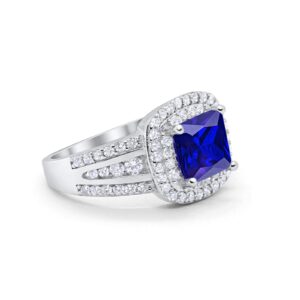 Halo Art Deco Wedding Engagement Ring Princess Cut Round Simulated Blue Sapphire Cubic Zirconia 925 Sterling Silver Size-10