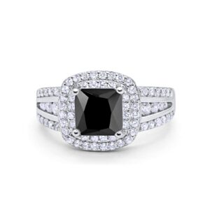 halo art deco wedding engagement ring princess cut round simulated black cubic zirconia 925 sterling silver size-6