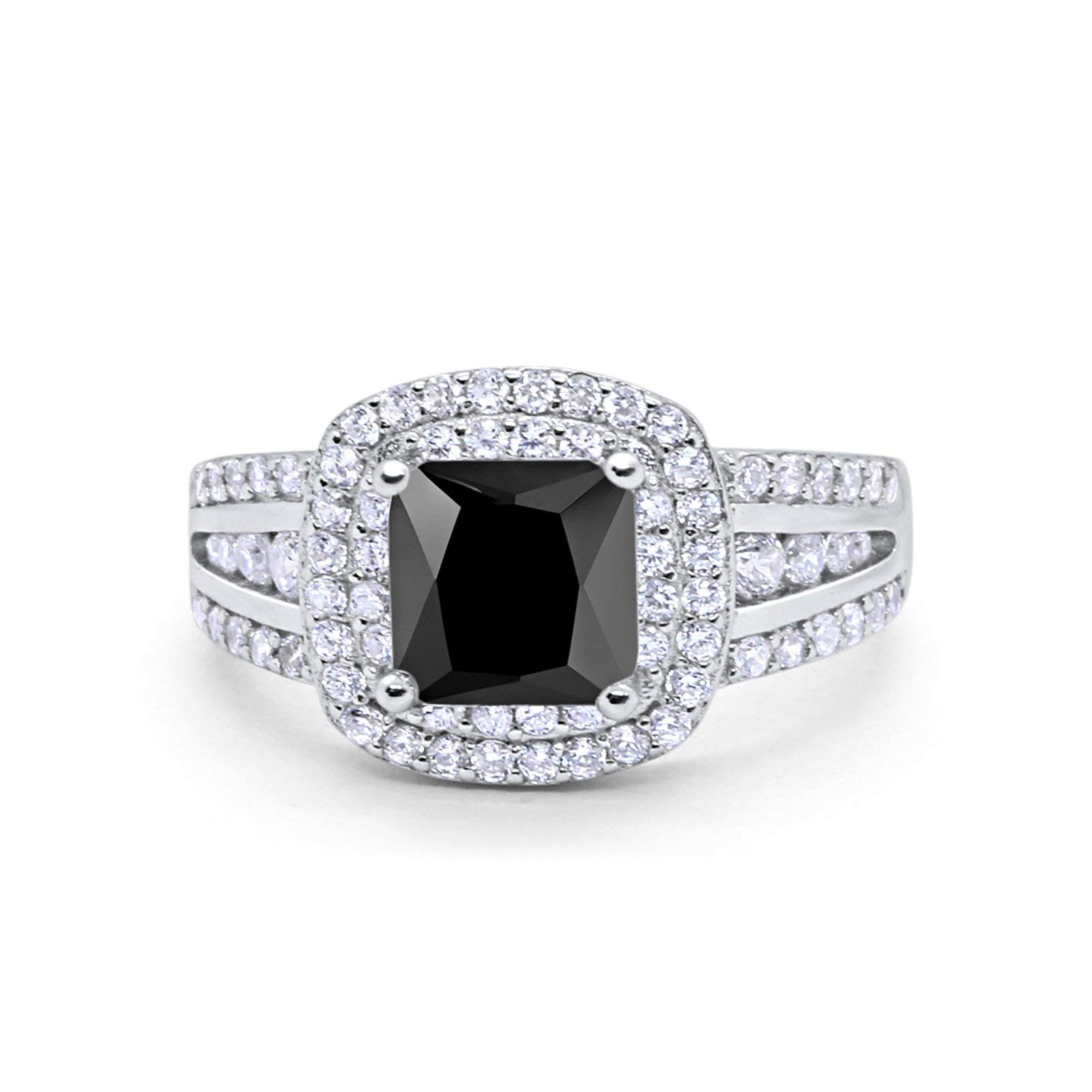 Halo Art Deco Wedding Engagement Ring Princess Cut Round Simulated Black Cubic Zirconia 925 Sterling Silver Size-6