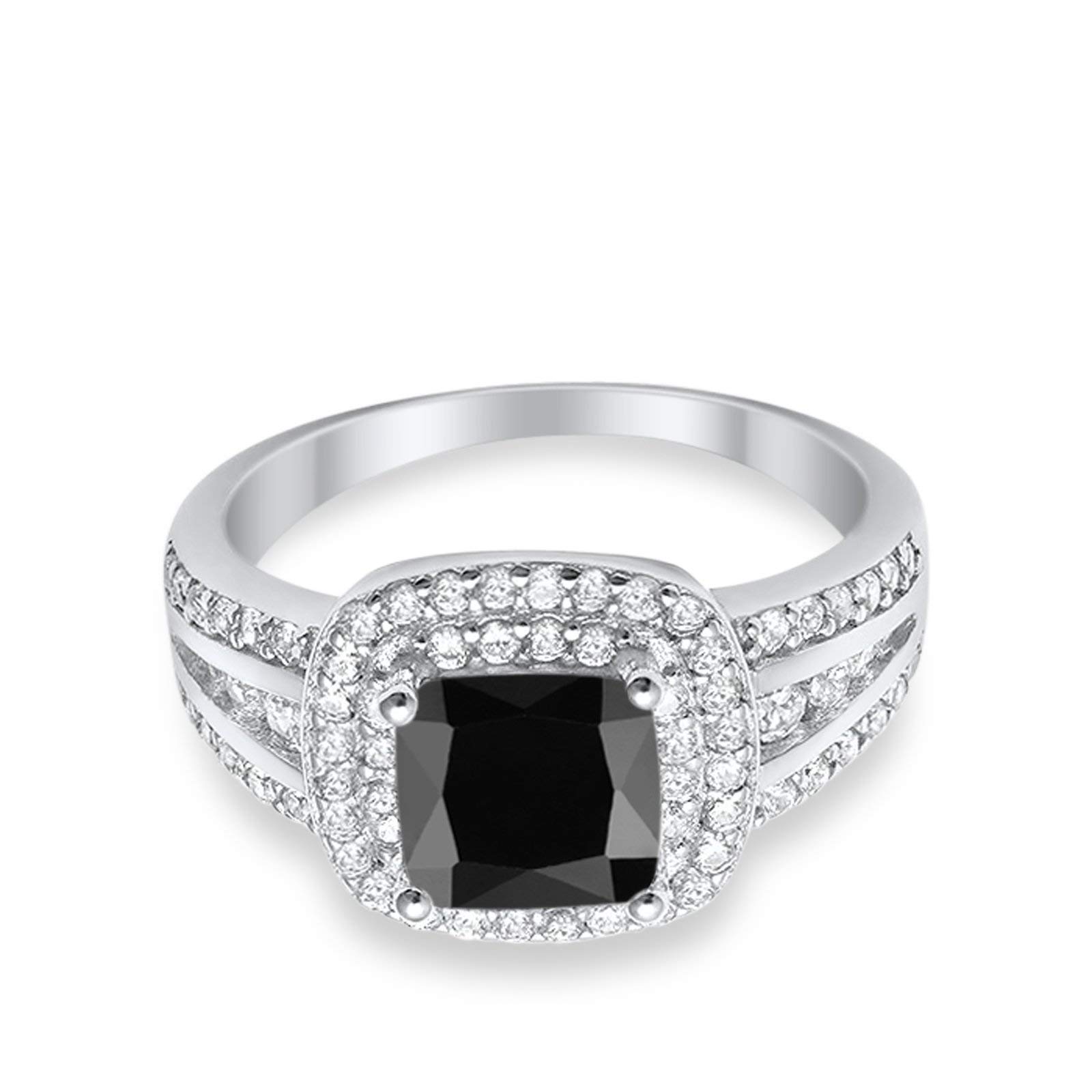 Halo Art Deco Wedding Engagement Ring Princess Cut Round Simulated Black Cubic Zirconia 925 Sterling Silver Size-6