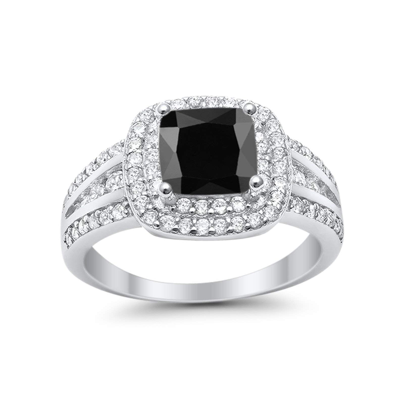 Halo Art Deco Wedding Engagement Ring Princess Cut Round Simulated Black Cubic Zirconia 925 Sterling Silver Size-6