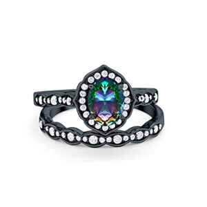 blue apple co. two piece art deco vintage style wedding engagement bridal set ring band oval round black tone, simulated rainbow cubic zirconia 925 sterling silver size-5