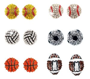 6 pair upgrade unique rhinestone stud earrings cute basketball volleyball baseball football rugby shiny crystal sport earrings for women gift-6pairs