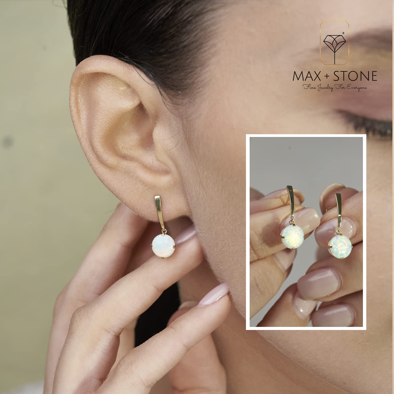 MAX + STONE 14k Yellow Gold Solitaire Created Opal Round Drop Dangle Earrings for Women 8mm October Birthstone with Push Backs