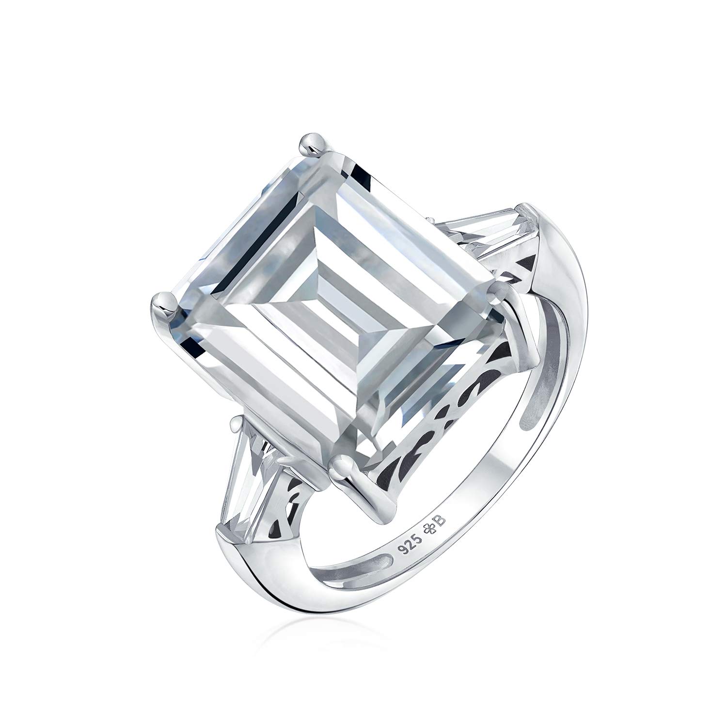 Art Deco Style Big 7CT AAA CZ Statement Solitaire Emerald Cut Engagement Ring For Women Side Stone Baguette Thin Band .925 Sterling Silver Decorative Setting