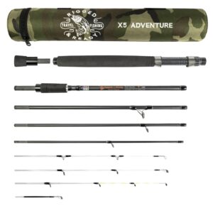 rigged and ready x5 travel fishing rod. super compact, carry size 40cm (15.8’), multi-functional travel rod + 4 tips + case. 1 rod with 5 fishing options. 2.22m (7’ 3”) + 1.9m (6'3") lengths.