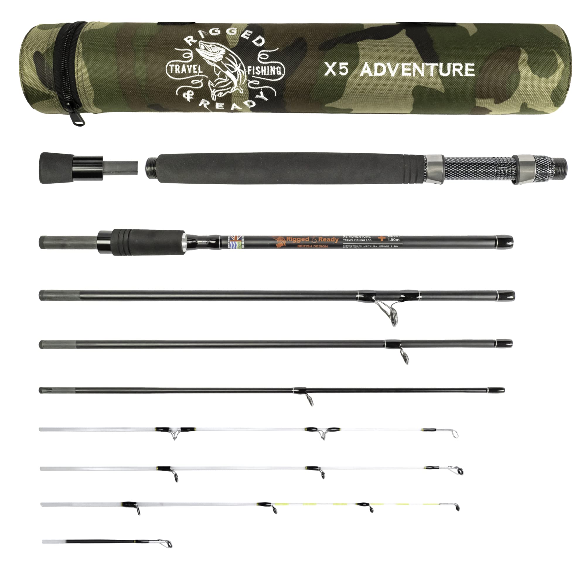 Rigged and Ready X5 Travel Fishing Rod. Super Compact, Carry Size 40cm (15.8’), Multi-Functional Travel Rod + 4 Tips + case. 1 Rod with 5 Fishing Options. 2.22m (7’ 3”) + 1.9m (6'3") Lengths.