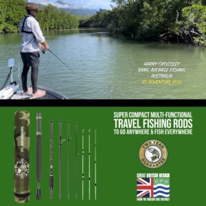 Rigged and Ready X5 Travel Fishing Rod. Super Compact, Carry Size 40cm (15.8’), Multi-Functional Travel Rod + 4 Tips + case. 1 Rod with 5 Fishing Options. 2.22m (7’ 3”) + 1.9m (6'3") Lengths.