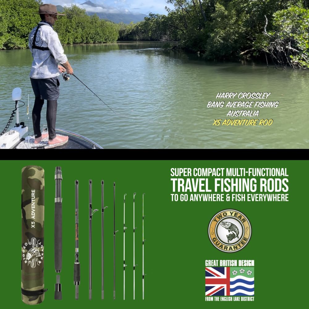 Rigged and Ready X5 Travel Fishing Rod. Super Compact, Carry Size 40cm (15.8’), Multi-Functional Travel Rod + 4 Tips + case. 1 Rod with 5 Fishing Options. 2.22m (7’ 3”) + 1.9m (6'3") Lengths.