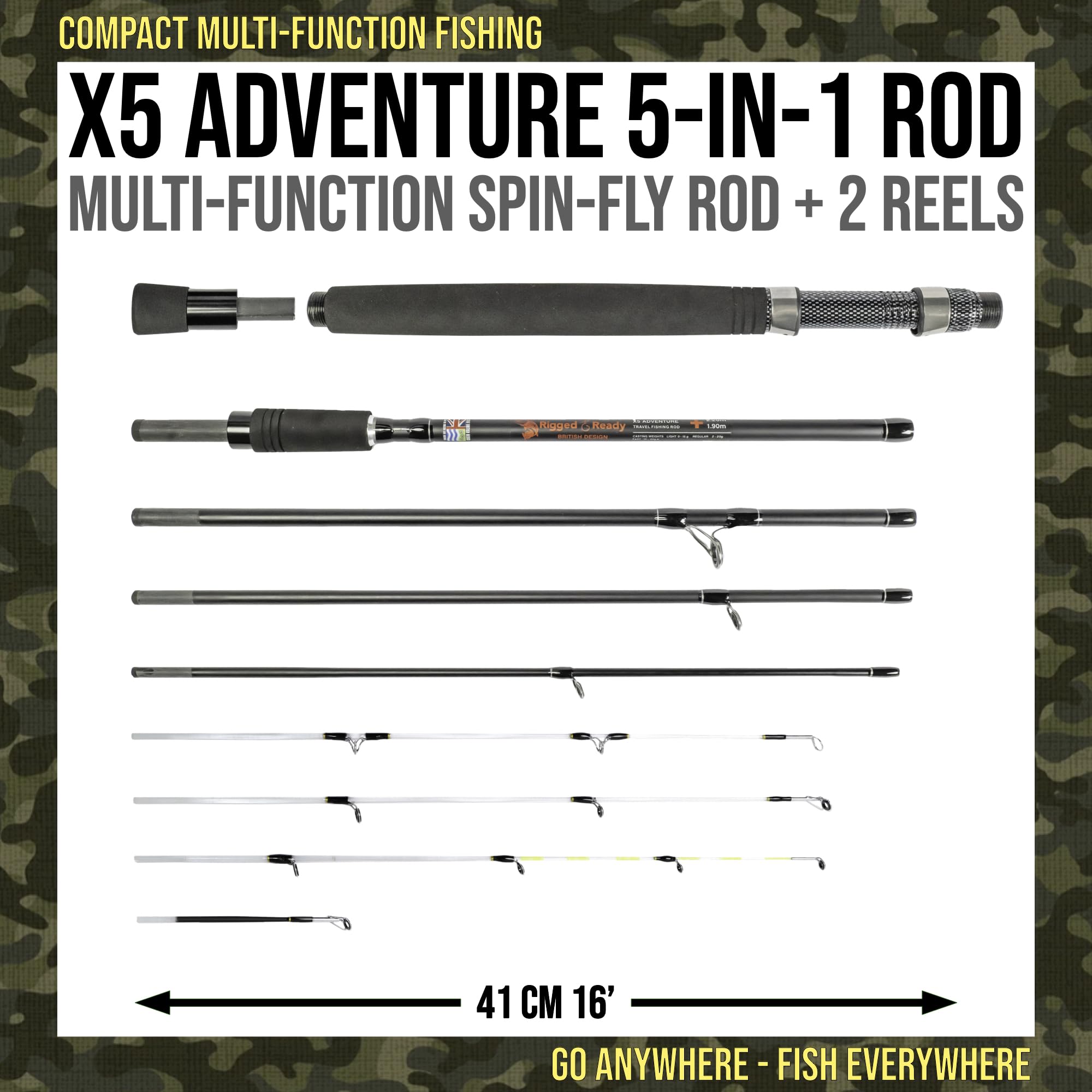 Rigged and Ready X5 Travel Fishing Rod. Super Compact, Carry Size 40cm (15.8’), Multi-Functional Travel Rod + 4 Tips + case. 1 Rod with 5 Fishing Options. 2.22m (7’ 3”) + 1.9m (6'3") Lengths.