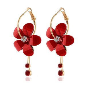 romantic crystal acrylic rose flower earrings five leaves exaggerated round hoop long tassel earring for women jewelry (red) (red)