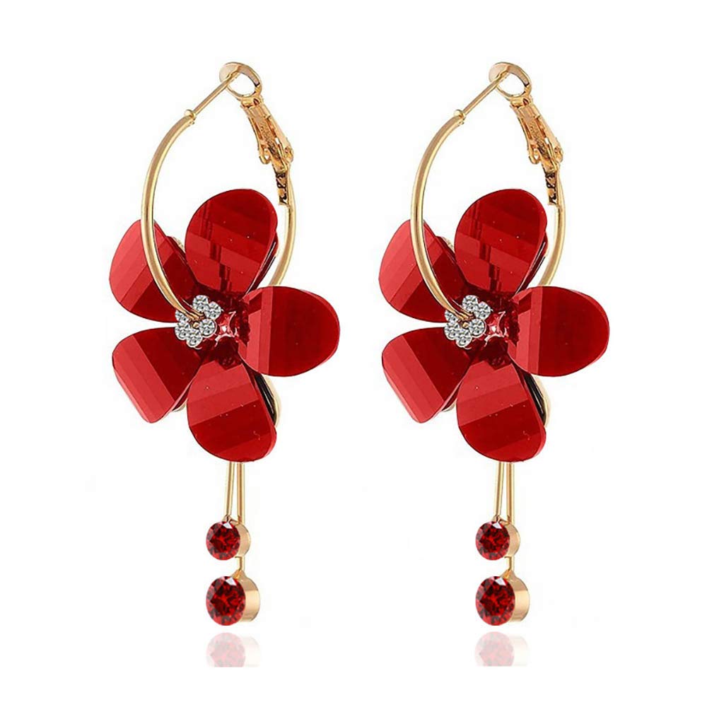 Romantic Crystal Acrylic Rose Flower Earrings Five Leaves Exaggerated Round Hoop long Tassel Earring for Women Jewelry (Red) (Red)