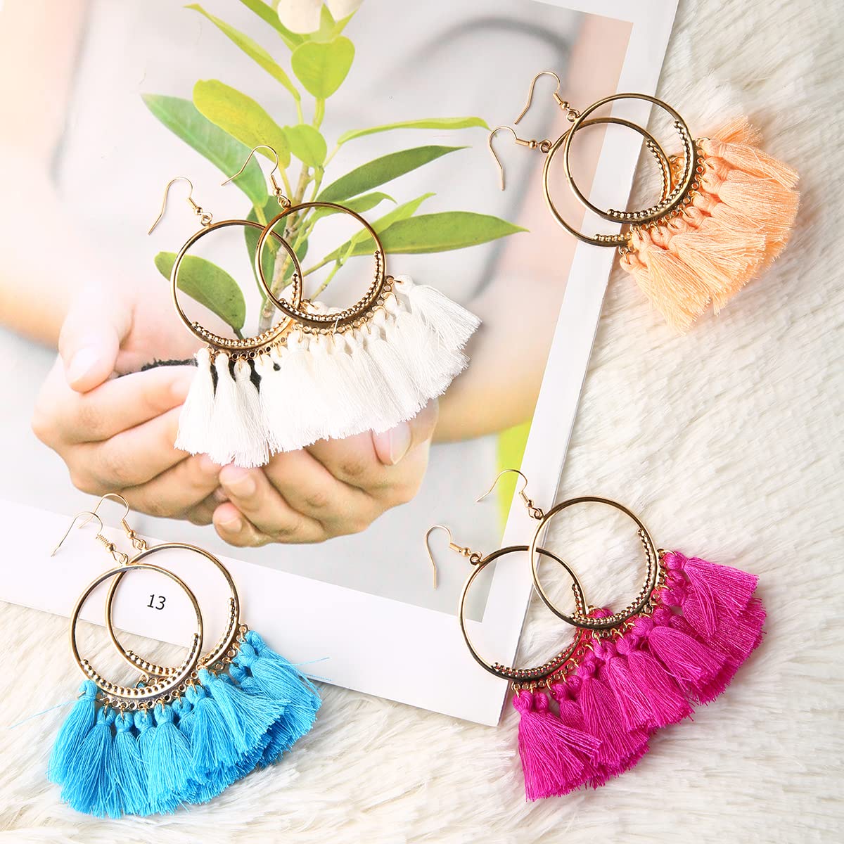 LANTAI 12 Pairs Bohemian Tassel Earrings for Women Trendy Colorful Fringe Summer Beach Statement Earrings