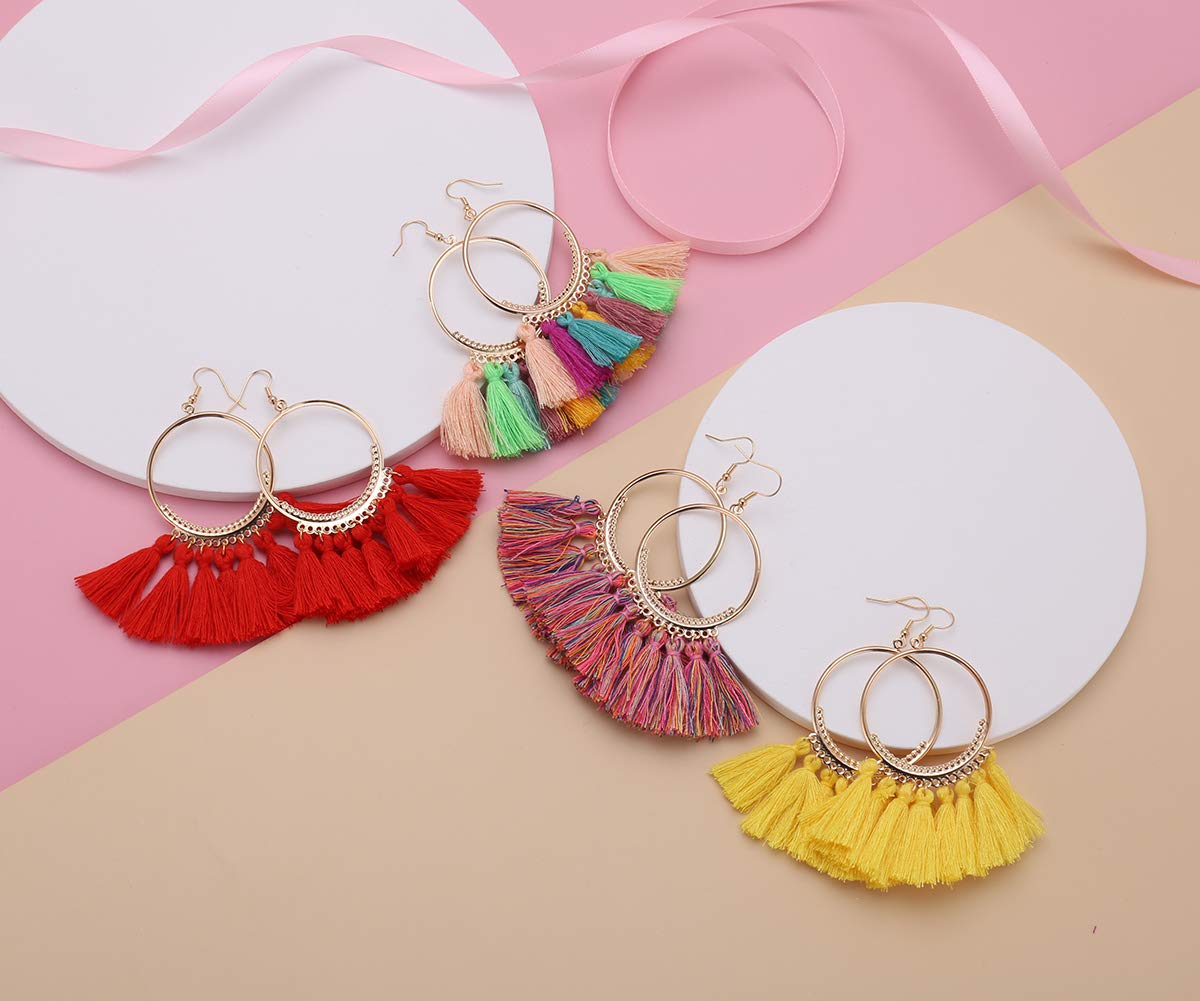 LANTAI 12 Pairs Bohemian Tassel Earrings for Women Trendy Colorful Fringe Summer Beach Statement Earrings