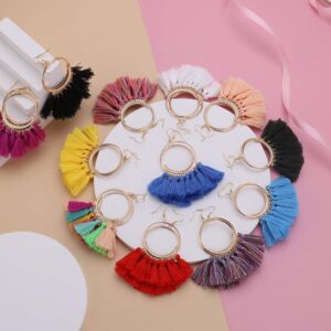 LANTAI 12 Pairs Bohemian Tassel Earrings for Women Trendy Colorful Fringe Summer Beach Statement Earrings