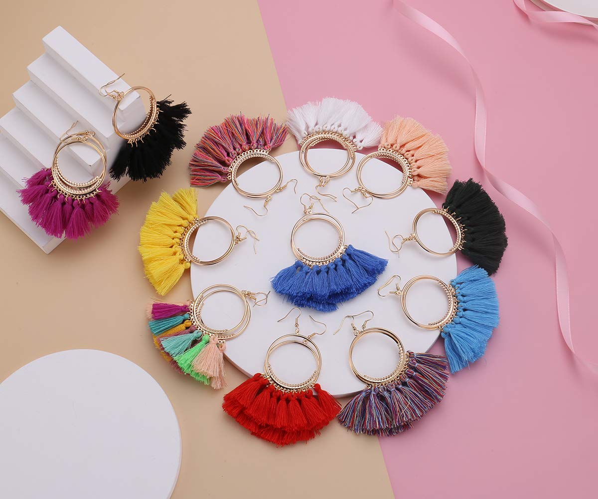 LANTAI 12 Pairs Bohemian Tassel Earrings for Women Trendy Colorful Fringe Summer Beach Statement Earrings