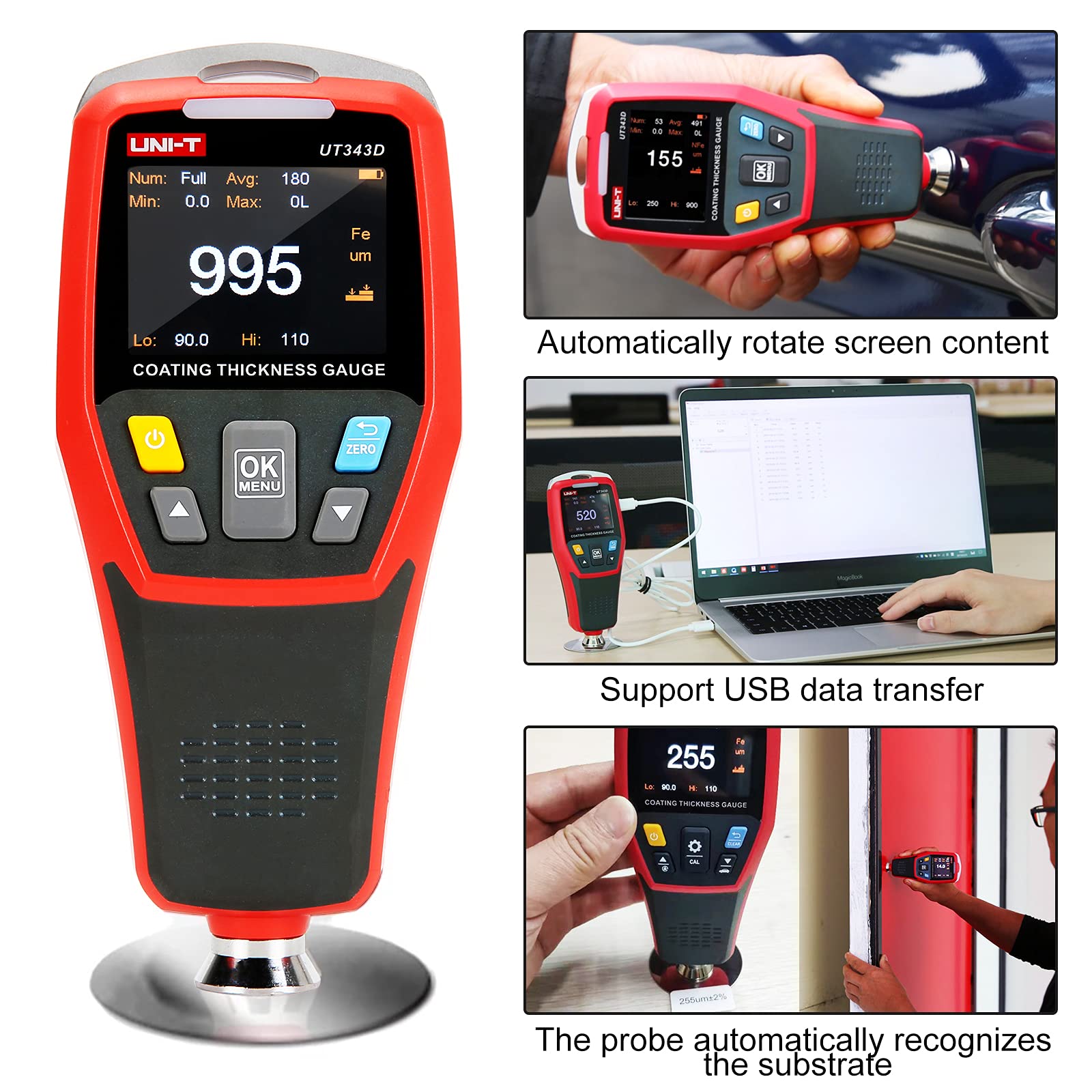 UNI-T UT343D Digital Coating Thickness Gauge Meter Tester Range 0 to 1250um with USB Data Function