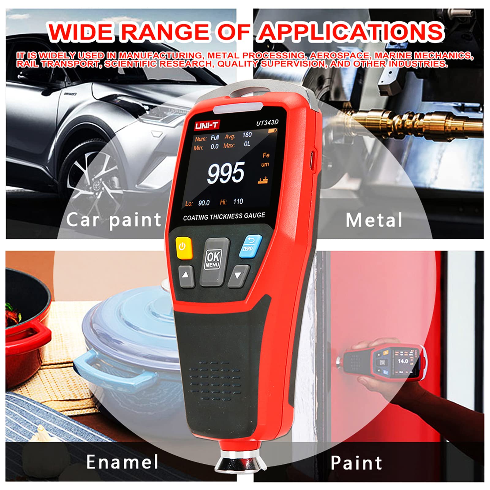 UNI-T UT343D Digital Coating Thickness Gauge Meter Tester Range 0 to 1250um with USB Data Function