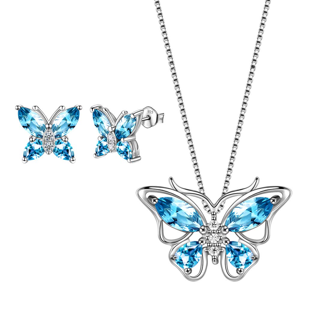 Aurora Tears Butterfly Jewelry Set,925 Sterling Silver Butterflies March-Aquamarine Birthstone Pendant Necklace Earrings for Women Teen DS0035S