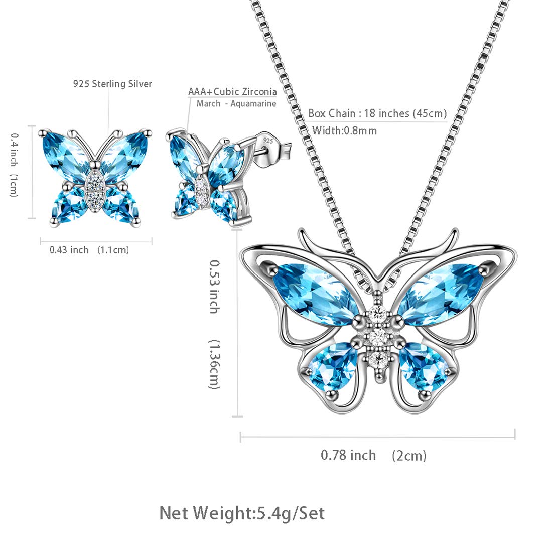 Aurora Tears Butterfly Jewelry Set,925 Sterling Silver Butterflies March-Aquamarine Birthstone Pendant Necklace Earrings for Women Teen DS0035S