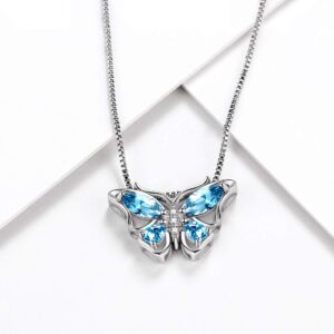 Aurora Tears Butterfly Jewelry Set,925 Sterling Silver Butterflies March-Aquamarine Birthstone Pendant Necklace Earrings for Women Teen DS0035S