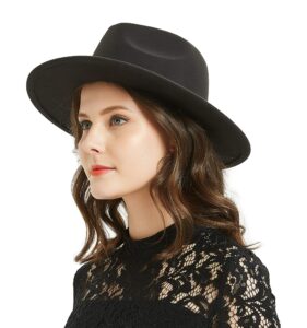 women or men woolen felt fedora hat vintage widet brim crushable hat belt jazz, black 58-60cm