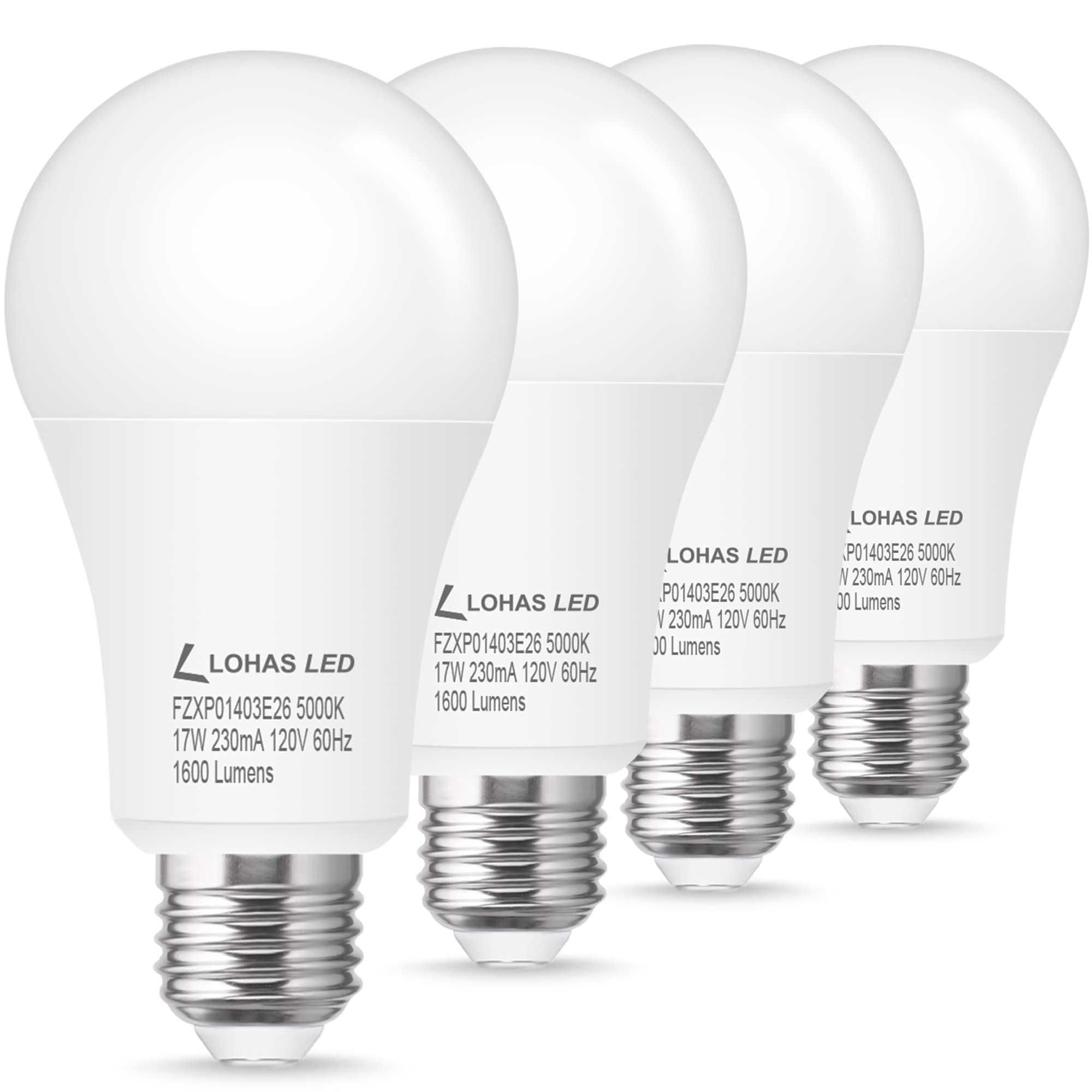 LOHAS A19 LED Light Bulbs 150W Equivalent, 17 Watt Daylight White 5000K LED Bulbs, 1600 Lumen Energy-Efficient LED Bulb(UL Listed), E26 Medium Base, Non-Dimmable, 4 Pack