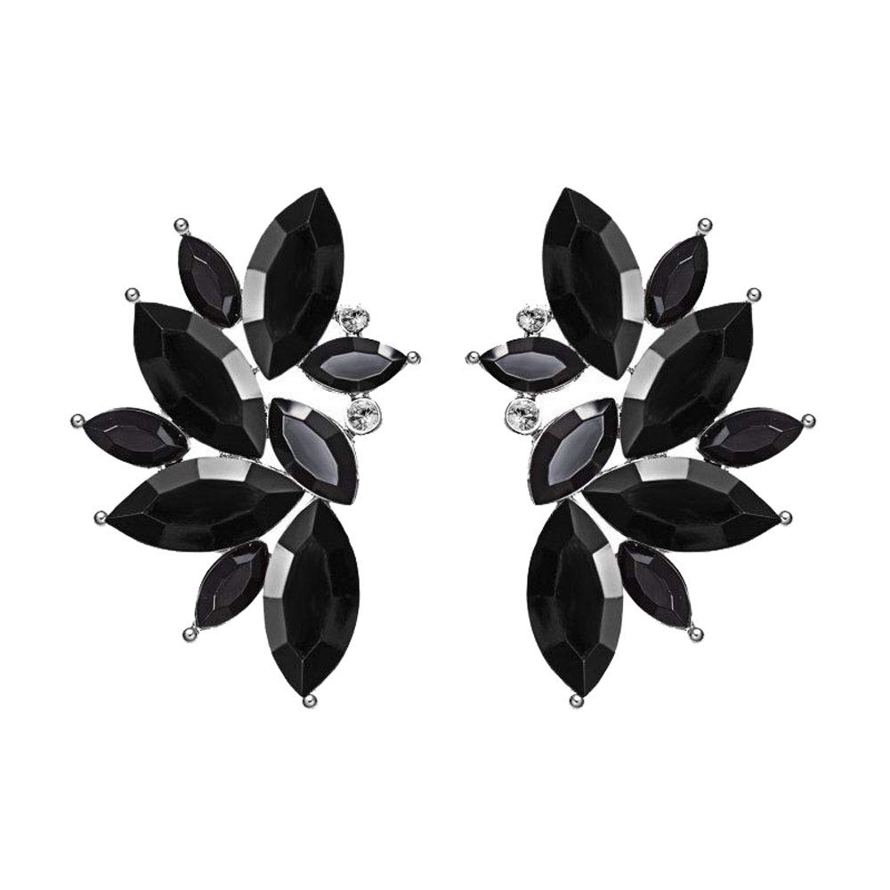 Art Deco Antique Vintage Style Black Onyx Jet Rhinestone Cluster Bridal Prom Gatsby Formal Wedding Earrings