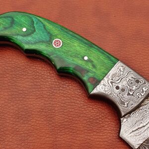 9.5" Hand Forged Damascus Steel Gut Hook Skinning Knife, Green Wood Scale with Damascus Bolster, Full Tang Blade Twist Pattern Drop Point Blade, Cow Hide Leather Sheath