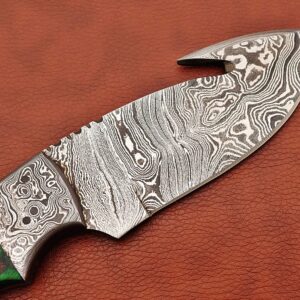 9.5" Hand Forged Damascus Steel Gut Hook Skinning Knife, Green Wood Scale with Damascus Bolster, Full Tang Blade Twist Pattern Drop Point Blade, Cow Hide Leather Sheath