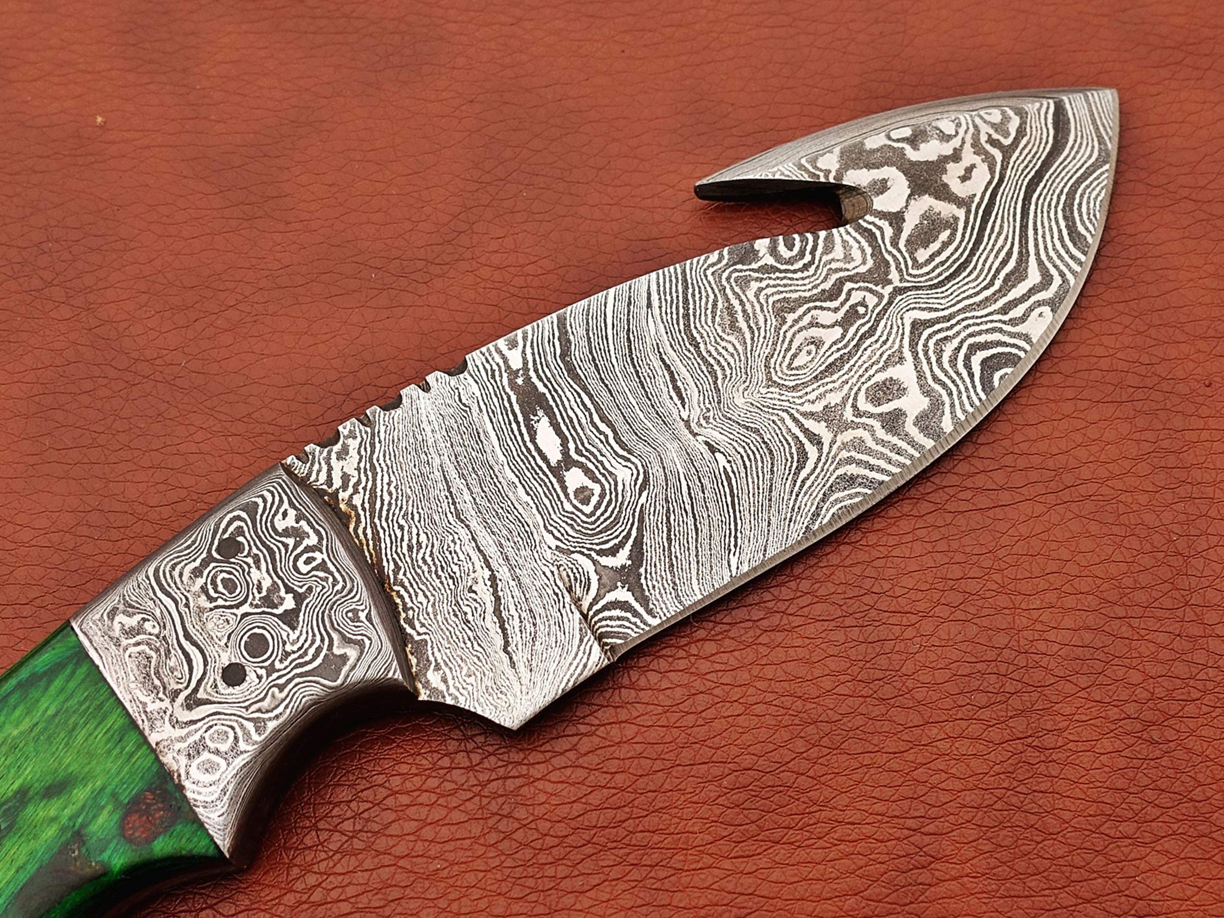 9.5" Hand Forged Damascus Steel Gut Hook Skinning Knife, Green Wood Scale with Damascus Bolster, Full Tang Blade Twist Pattern Drop Point Blade, Cow Hide Leather Sheath