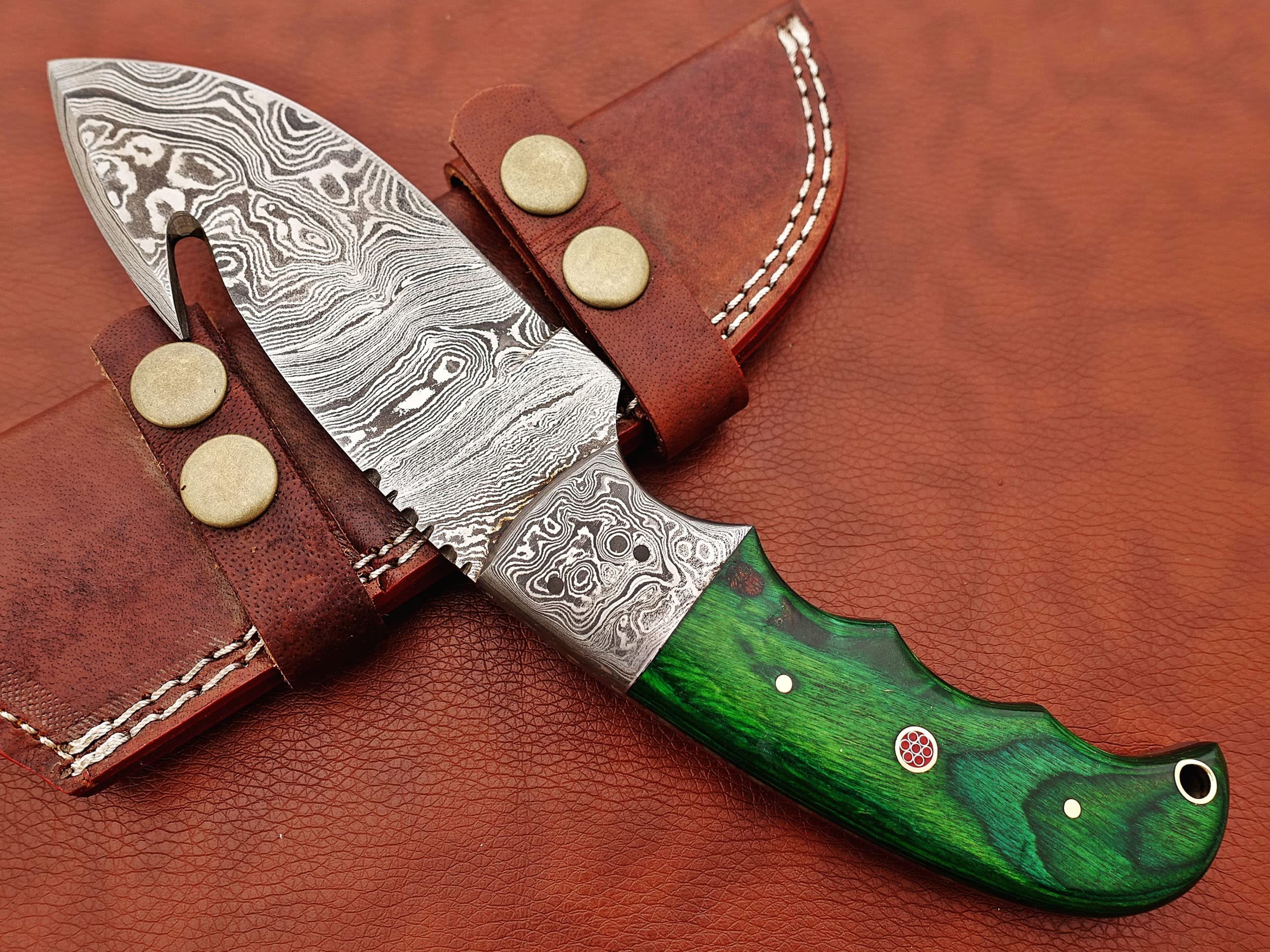 9.5" Hand Forged Damascus Steel Gut Hook Skinning Knife, Green Wood Scale with Damascus Bolster, Full Tang Blade Twist Pattern Drop Point Blade, Cow Hide Leather Sheath