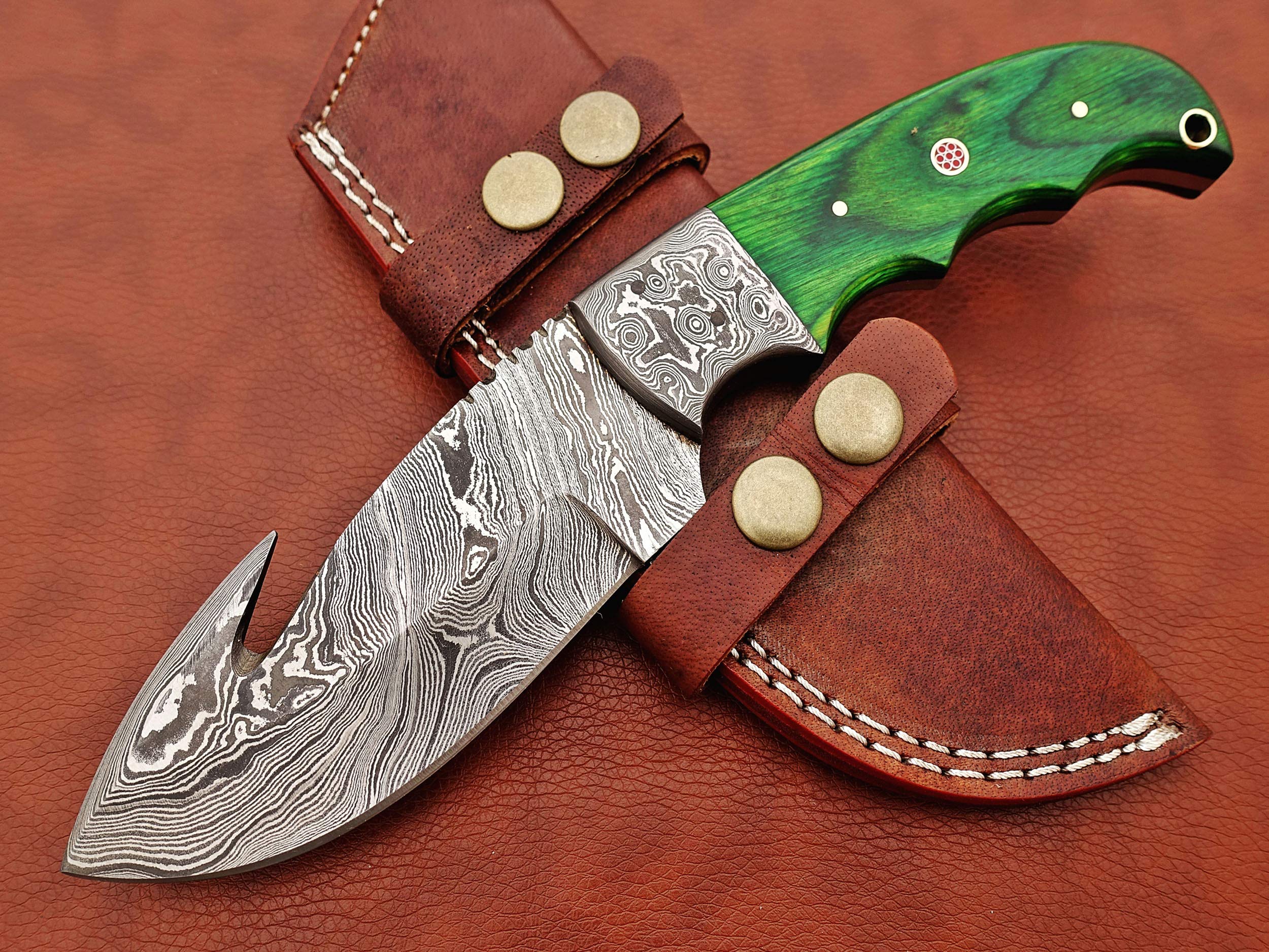 9.5" Hand Forged Damascus Steel Gut Hook Skinning Knife, Green Wood Scale with Damascus Bolster, Full Tang Blade Twist Pattern Drop Point Blade, Cow Hide Leather Sheath