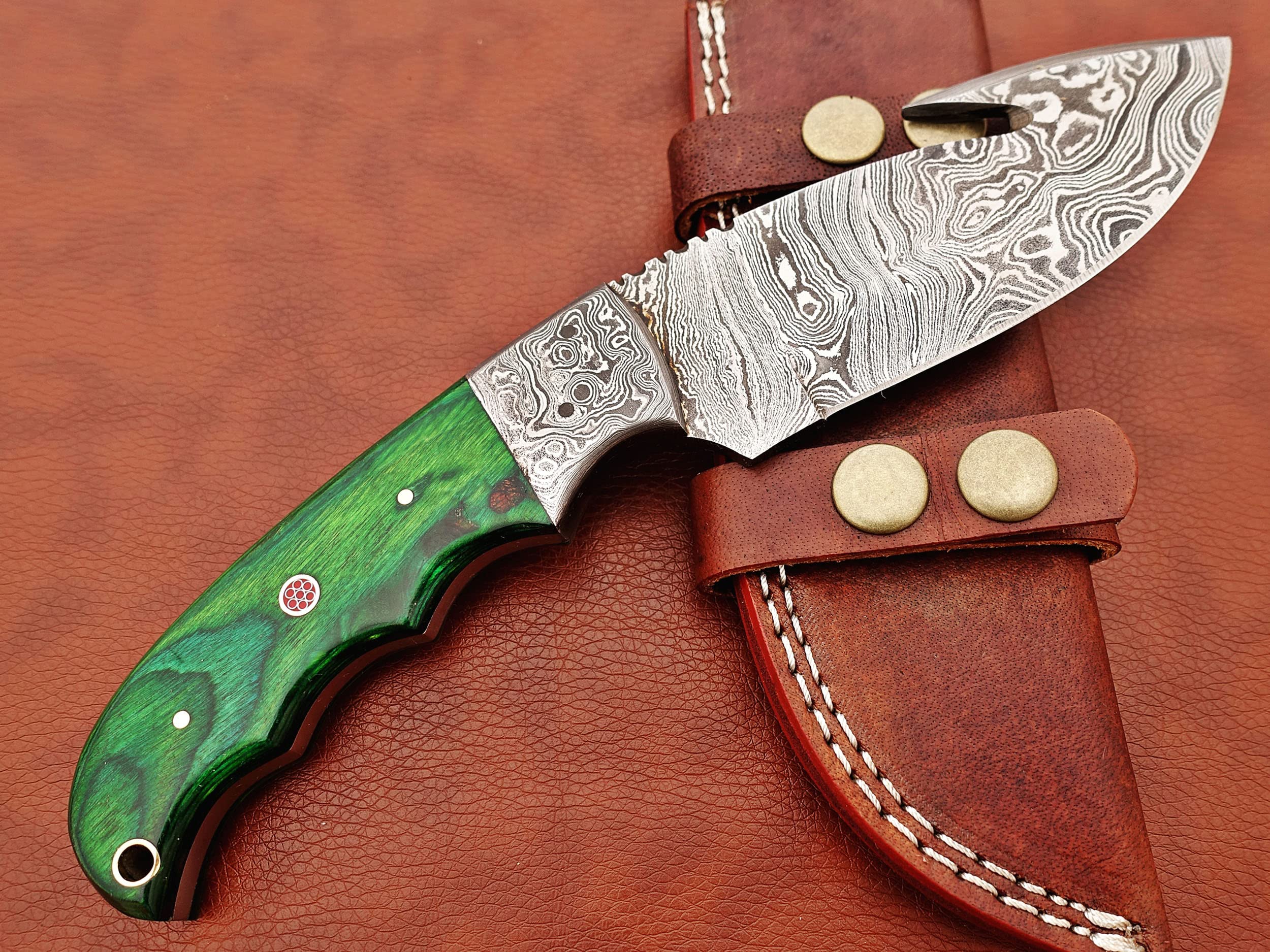 9.5" Hand Forged Damascus Steel Gut Hook Skinning Knife, Green Wood Scale with Damascus Bolster, Full Tang Blade Twist Pattern Drop Point Blade, Cow Hide Leather Sheath