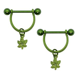 pierce2go 14g stainless steel green marijuana leaf dangle nipplerings piercing women 9/16" barbell